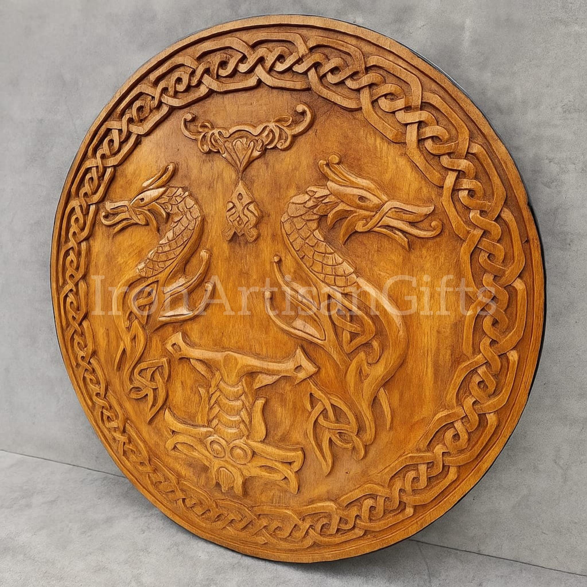 Handmade Wooden Viking Shield: Celtic Knot Dragon Carving, Norse Decor ...