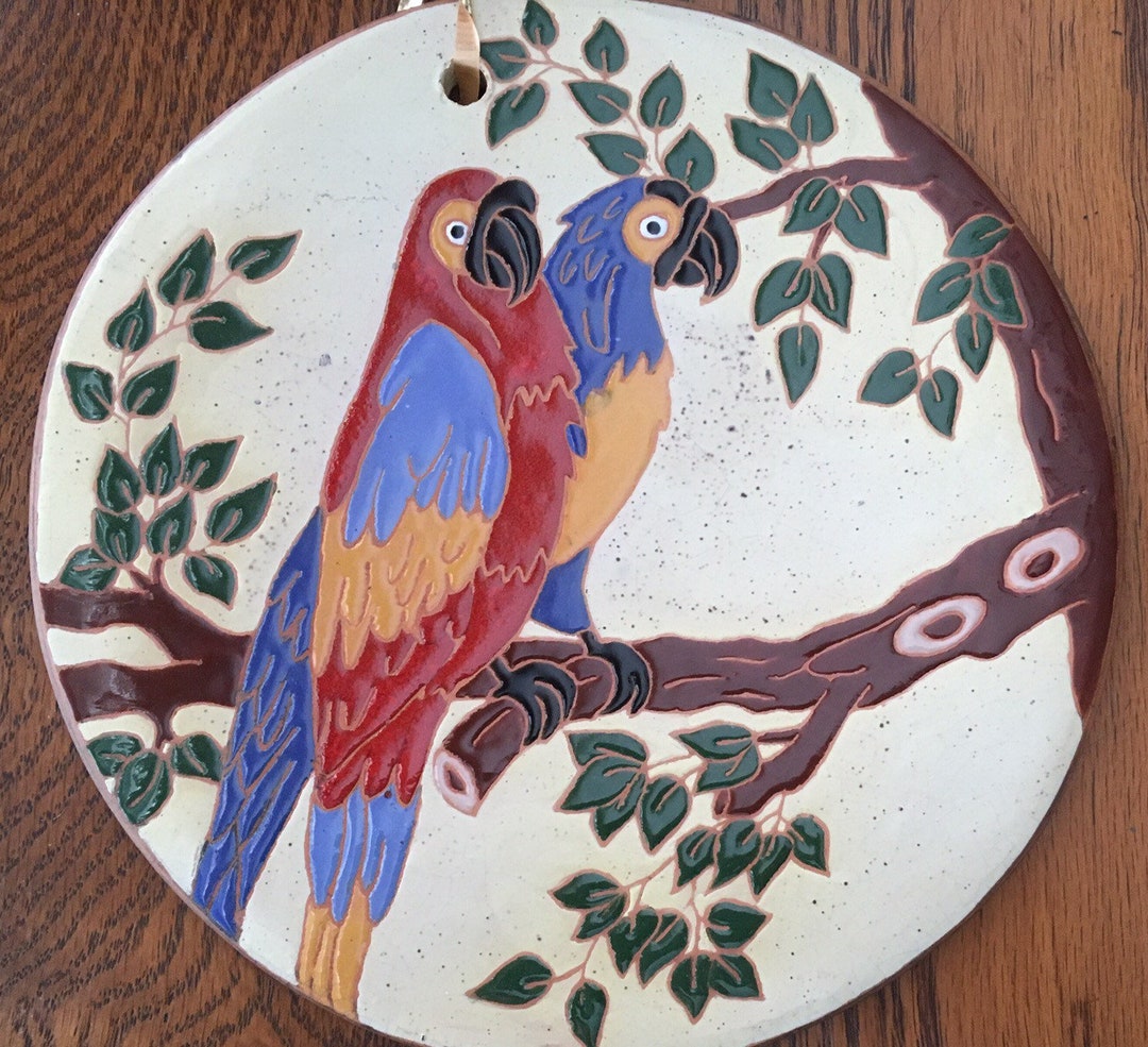 Two Parrots on a Hand Painted Redware Tile Approximately 7 Inches ...