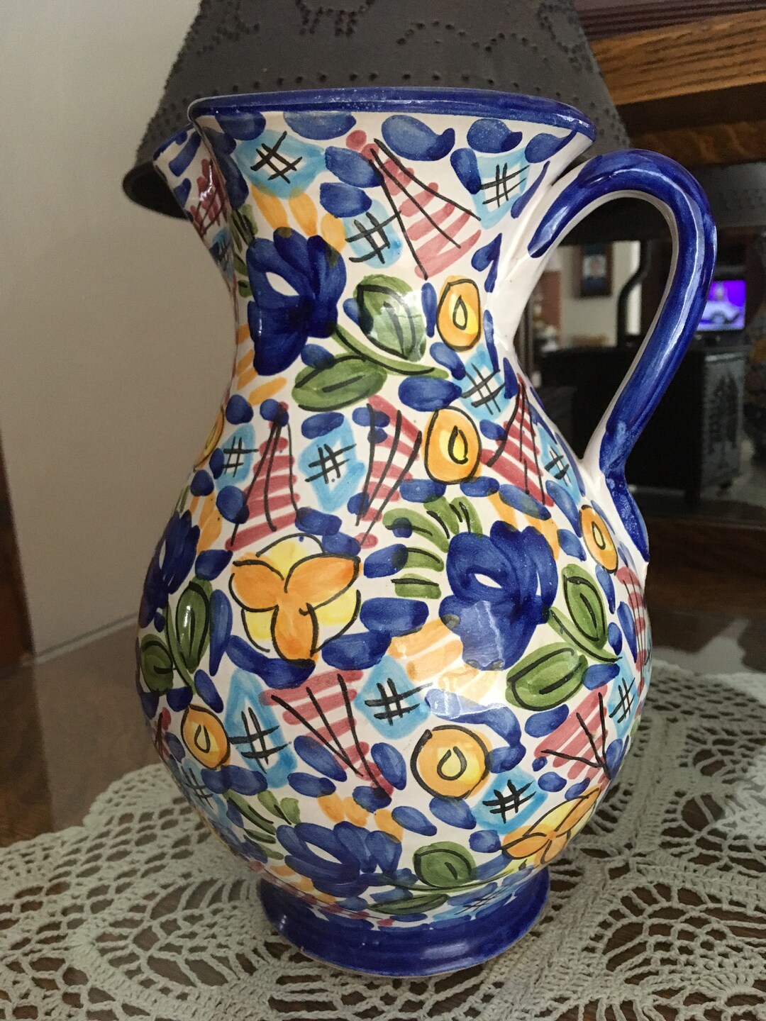 Hand Thrown Hand Painted Large Vintage Pitcher Signed by Rivas - Etsy