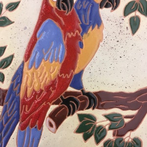 Two Parrots on a Hand Painted Redware Tile Approximately 7 Inches ...