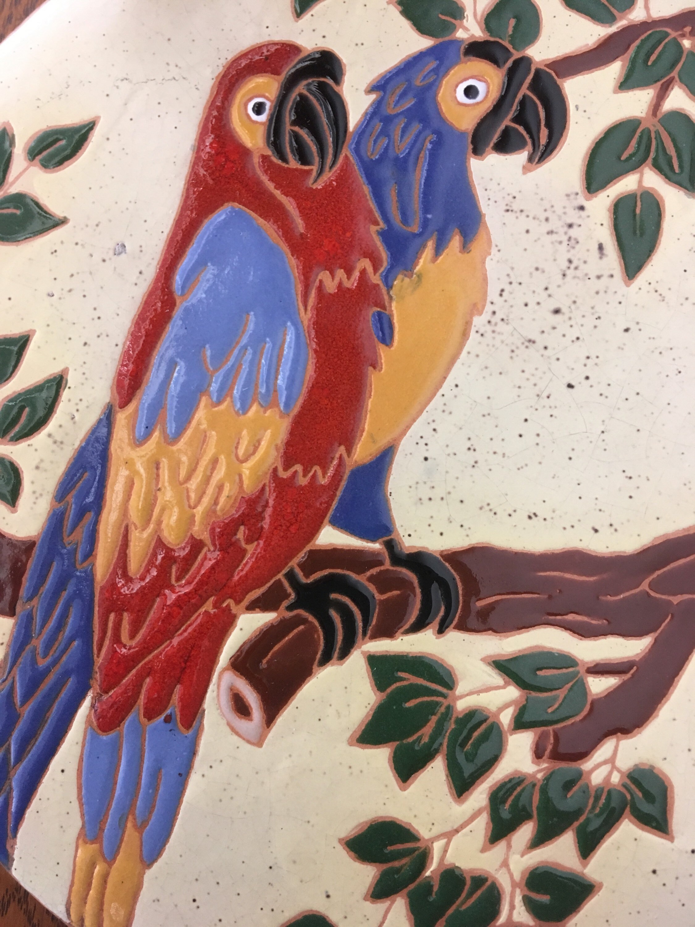 Two Parrots on a Hand Painted Redware Tile Approximately 7 Inches ...