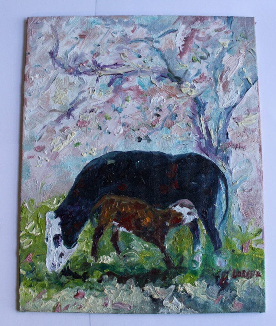 Bald Faced Cow and Calf Original Oil Painting on Board Signed by Chris ...