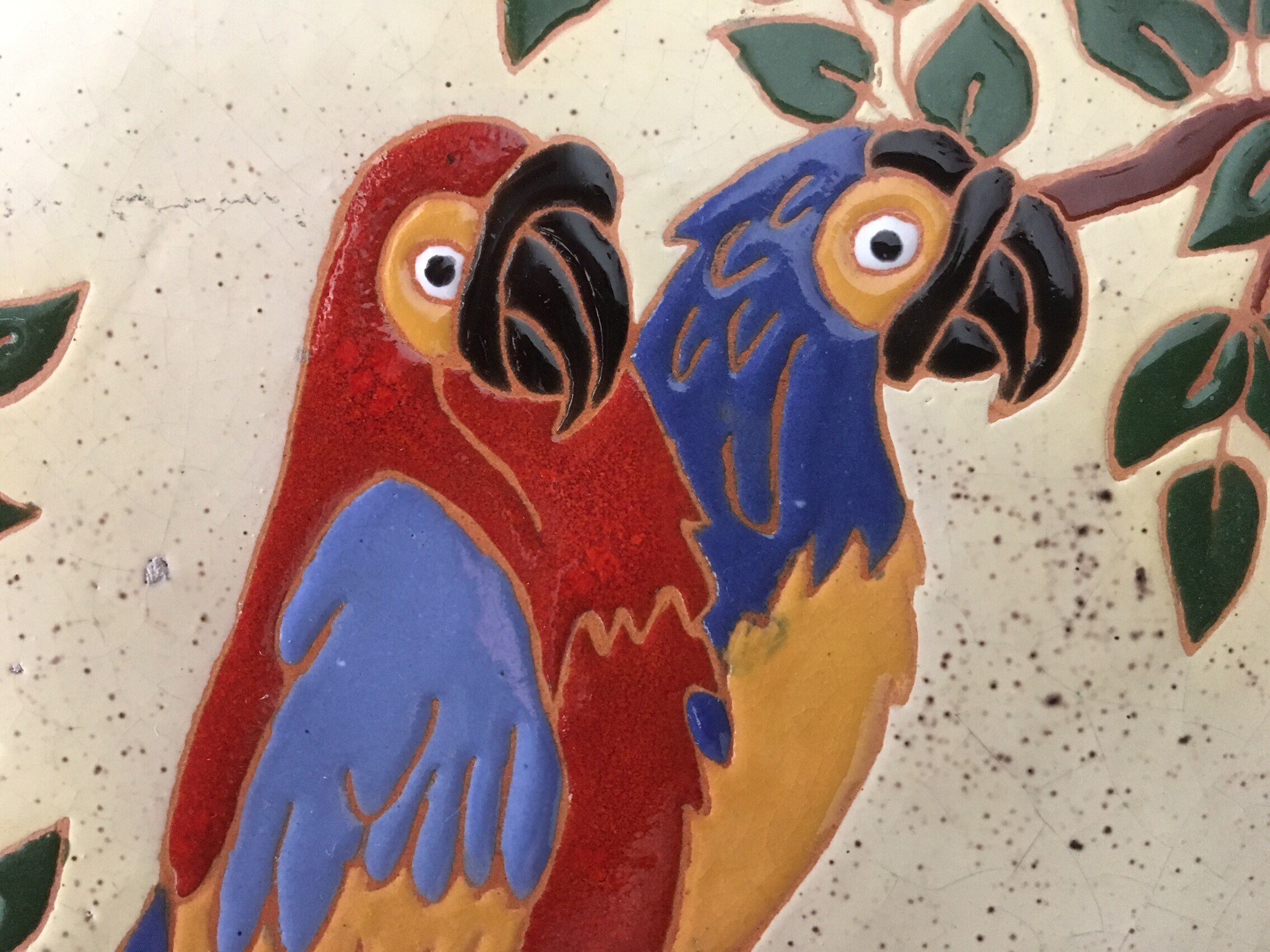 Two Parrots on a Hand Painted Redware Tile Approximately 7 Inches ...