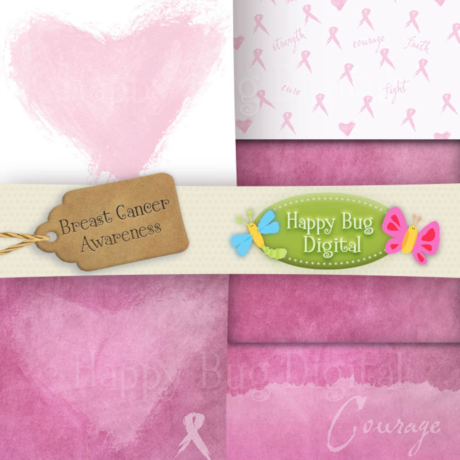 Breast Cancer Awareness Digital Paper Pack 10 Sheets Commercial Use OK ...