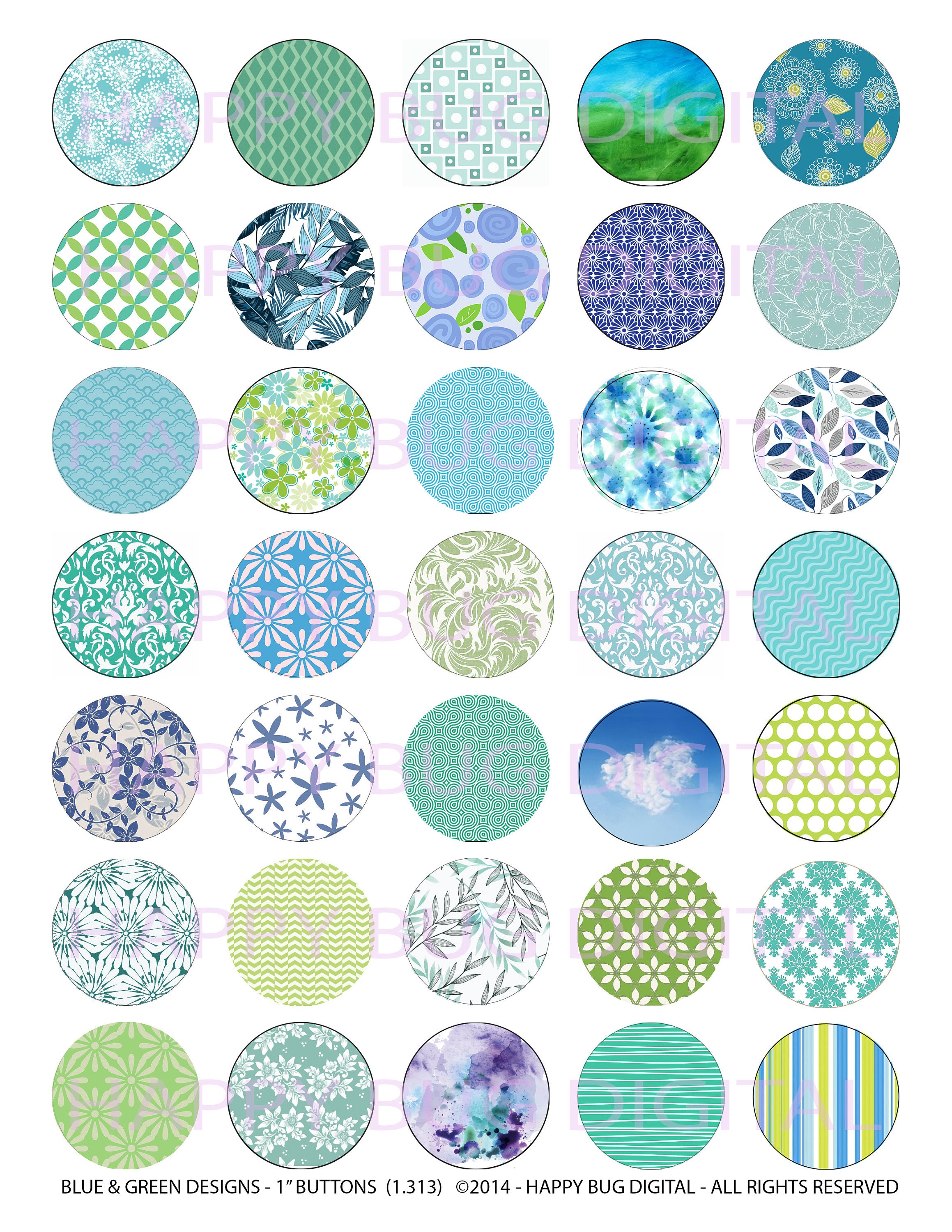 Blue & Green Designs Digital Collage Sheet - 1.313 Inch Round Circles ...