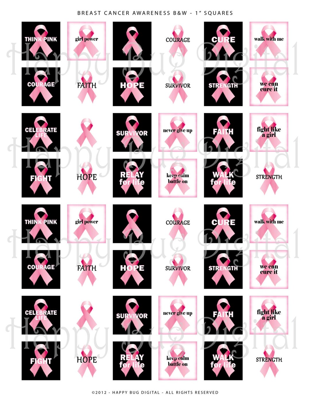 Breast Cancer Awareness Graphics Digital Collage Sheet - 1 Inch Squares ...