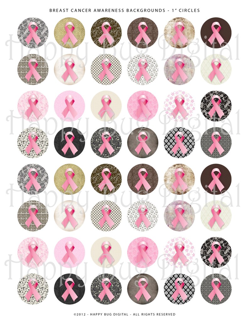 Breast Cancer Awareness Graphics Collage Sheet - 1 Inch Round Circles ...