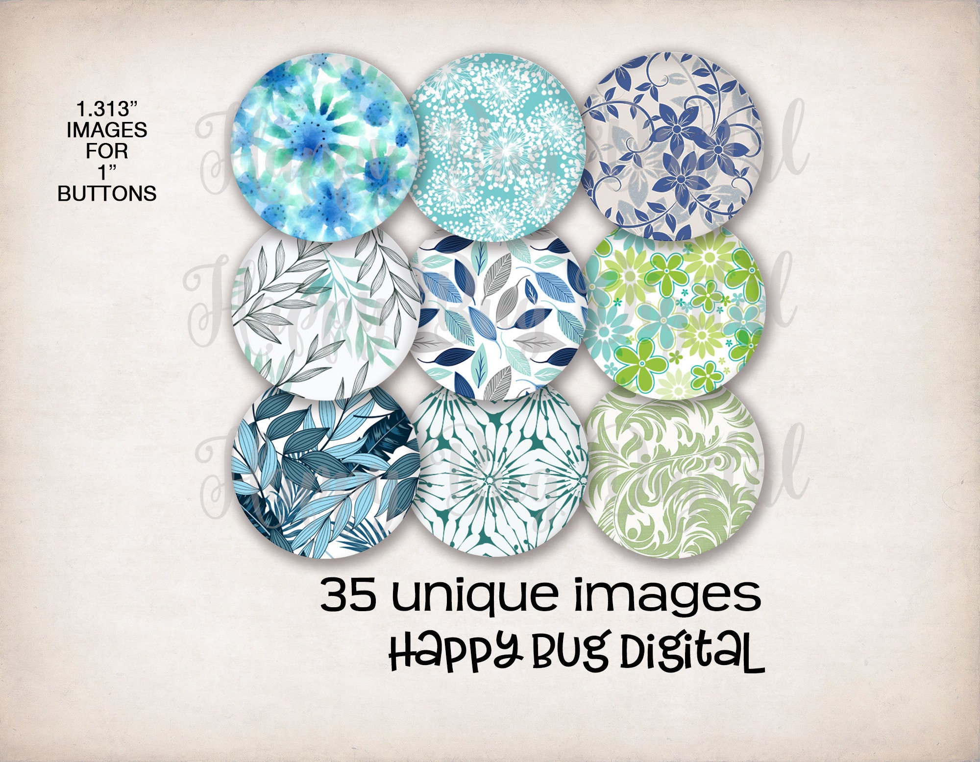 Blue & Green Designs Digital Collage Sheet - 1.313 Inch Round Circles ...