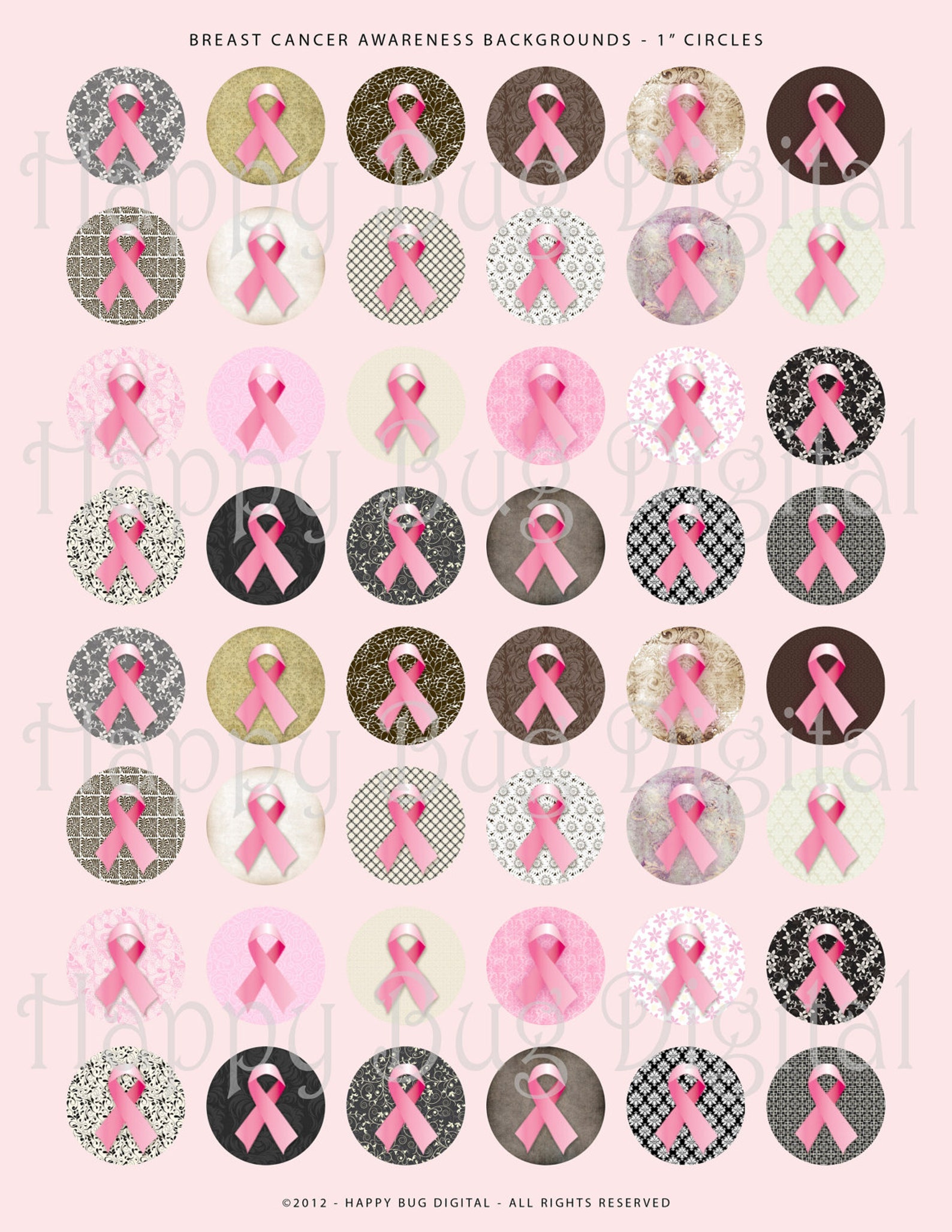 Breast Cancer Awareness Graphics Collage Sheet - 1 Inch Round Circles ...