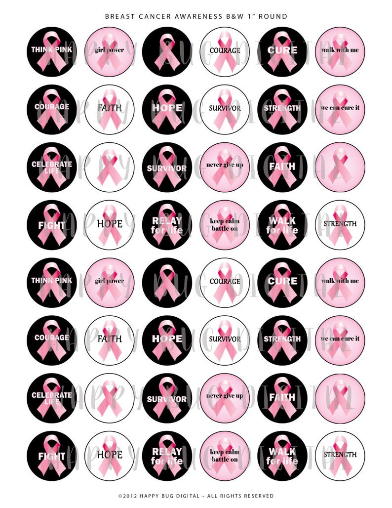 Breast Cancer Awareness Graphics Collage Sheet - 1 Inch Round Circles ...