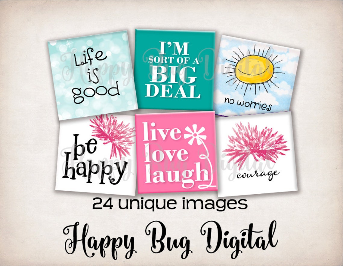 Happy & Fun Sayings 1 Graphics Digital Collage Sheet - 1 Inch Squares ...