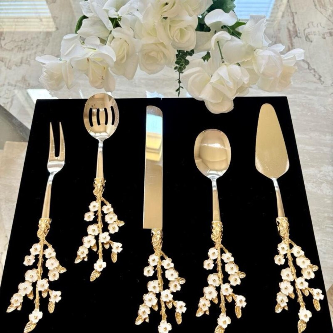 Floral Serveware Set: Gold Jasmine Design - 5 Piece Stainless Steel - Etsy