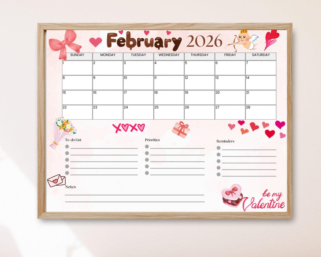 Valentine's Day February 2026 Calendar | Editable Monthly Planner ...