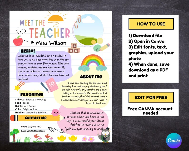 Meet the Teacher Template Canva, Editable Back to School 1st Grade ...