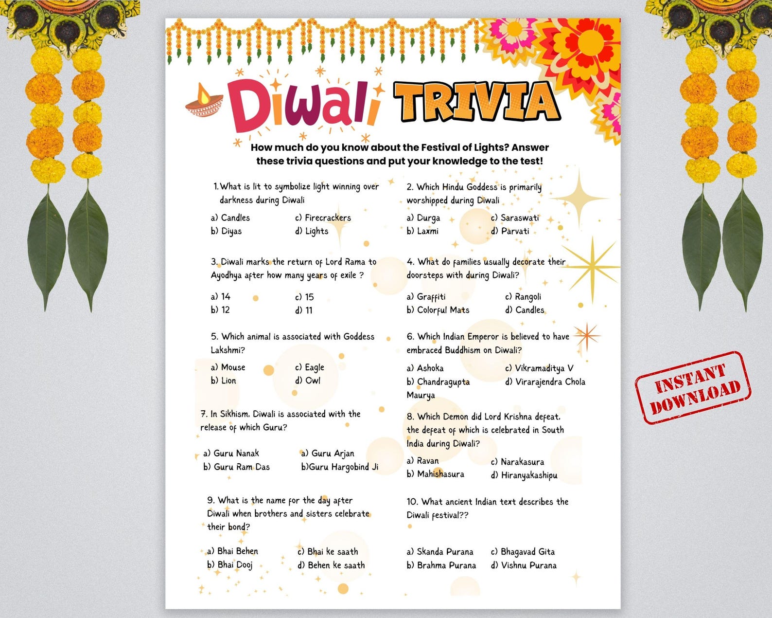 Fun Diwali Trivia Game: Indian Party Activity (printable PDF) - Etsy