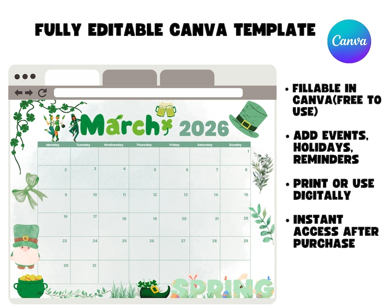 Editable March 2026 Calendar, Printable Monthly Planner (digital ...