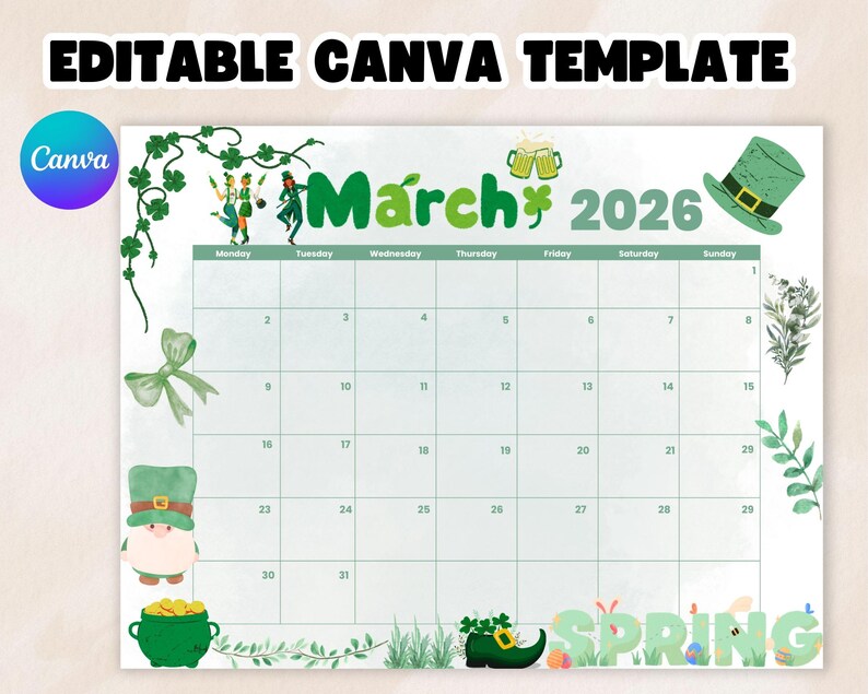 Editable March 2026 Calendar, Printable Monthly Planner (digital ...