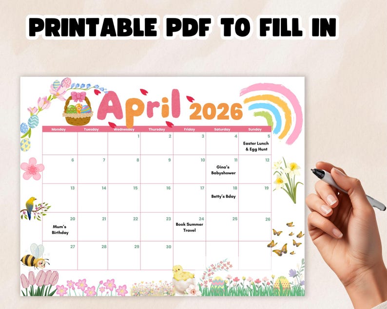 Editable April 2026 Easter Calendar, Printable Monthly Planner for ...