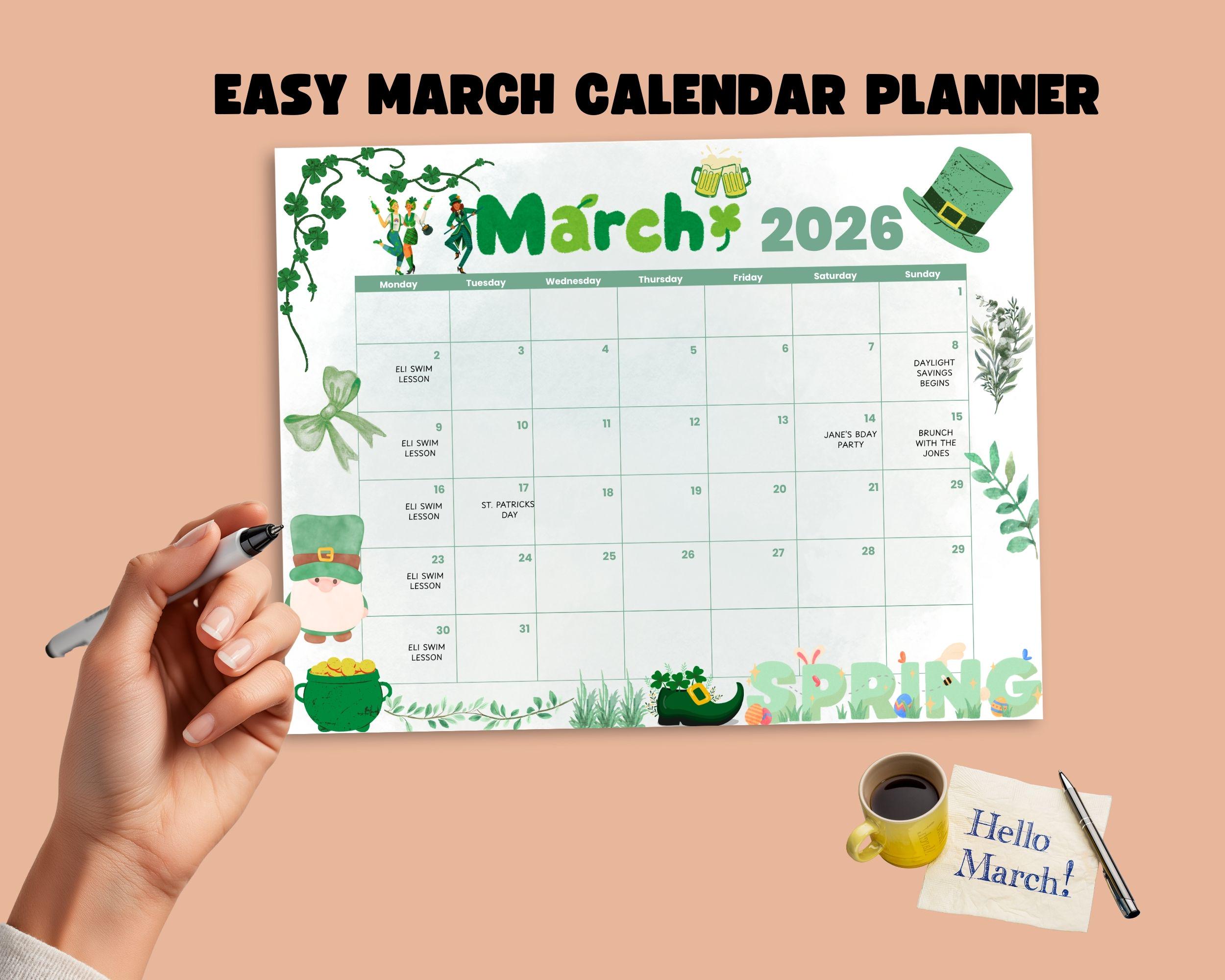 Editable March 2026 Calendar, Printable Monthly Planner (digital ...