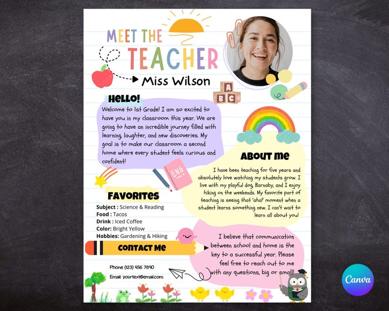 Meet the Teacher Template Canva, Editable Back to School 1st Grade ...