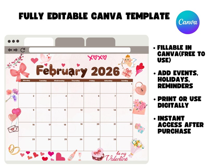 Editable February 2026 Valentine Planner, Printable Monthly Planner ...