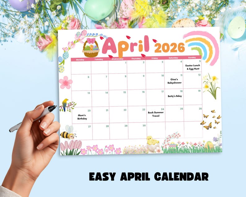 Editable April 2026 Easter Calendar, Printable Monthly Planner for ...