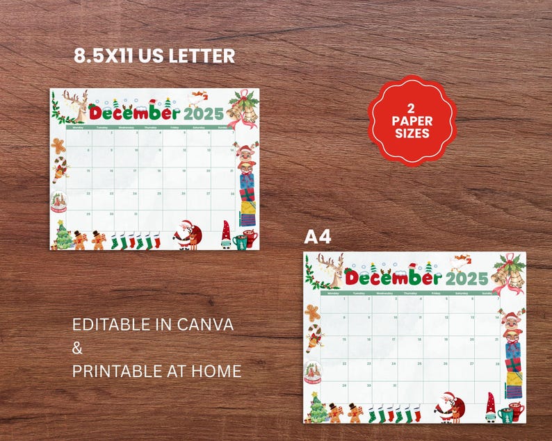 Editable December 2025 Christmas Calendar, Printable Monthly Planner ...