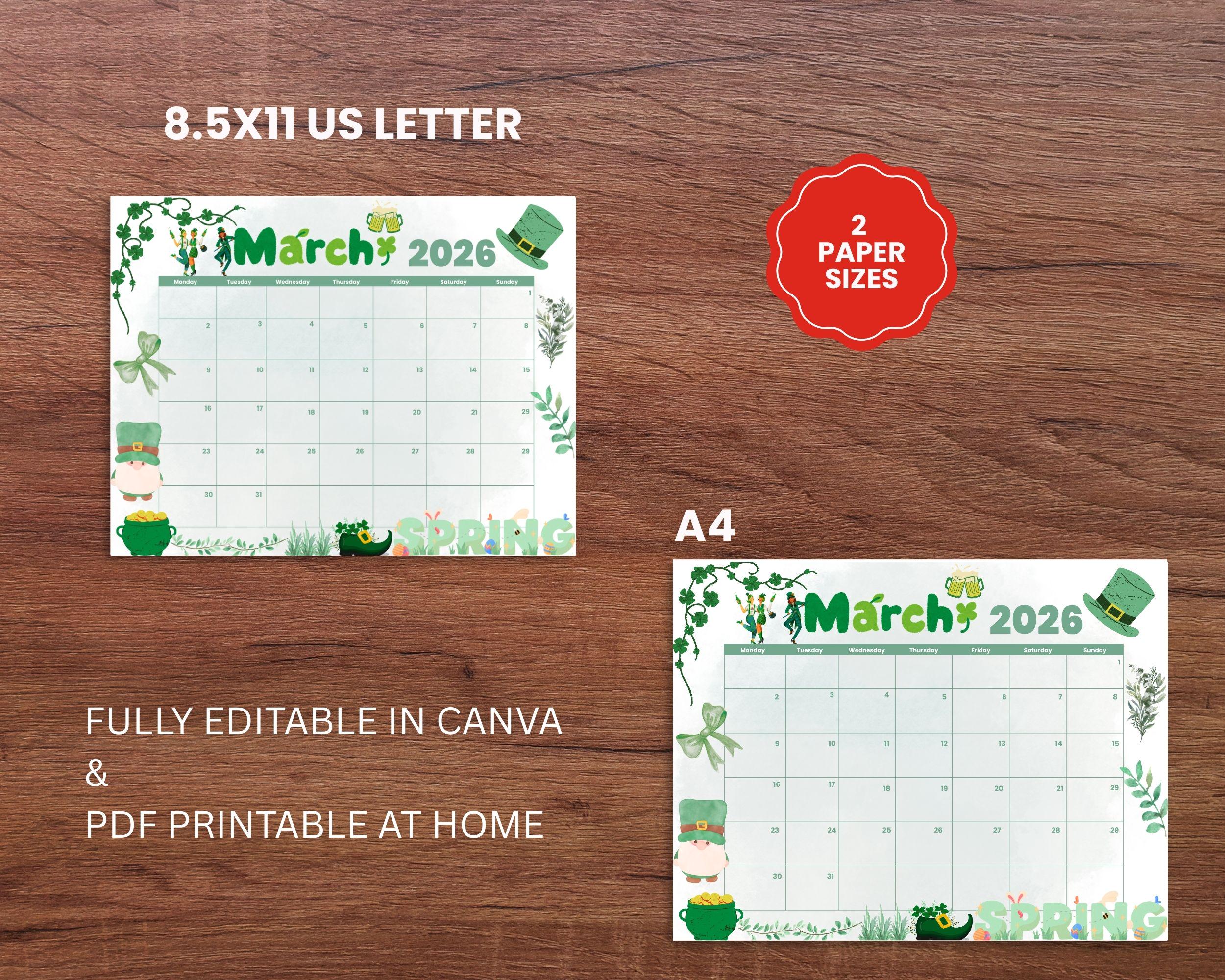 Editable March 2026 Calendar, Printable Monthly Planner (digital ...