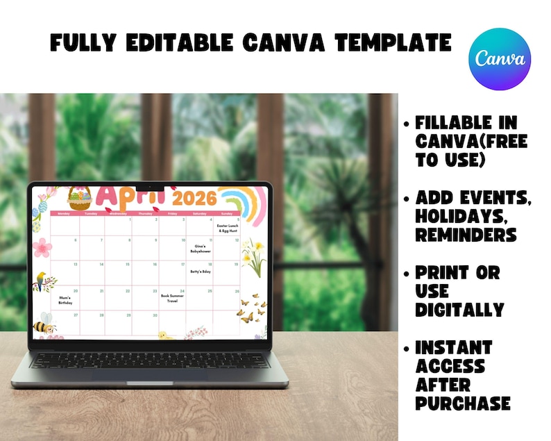Editable April 2026 Easter Calendar, Printable Monthly Planner for ...