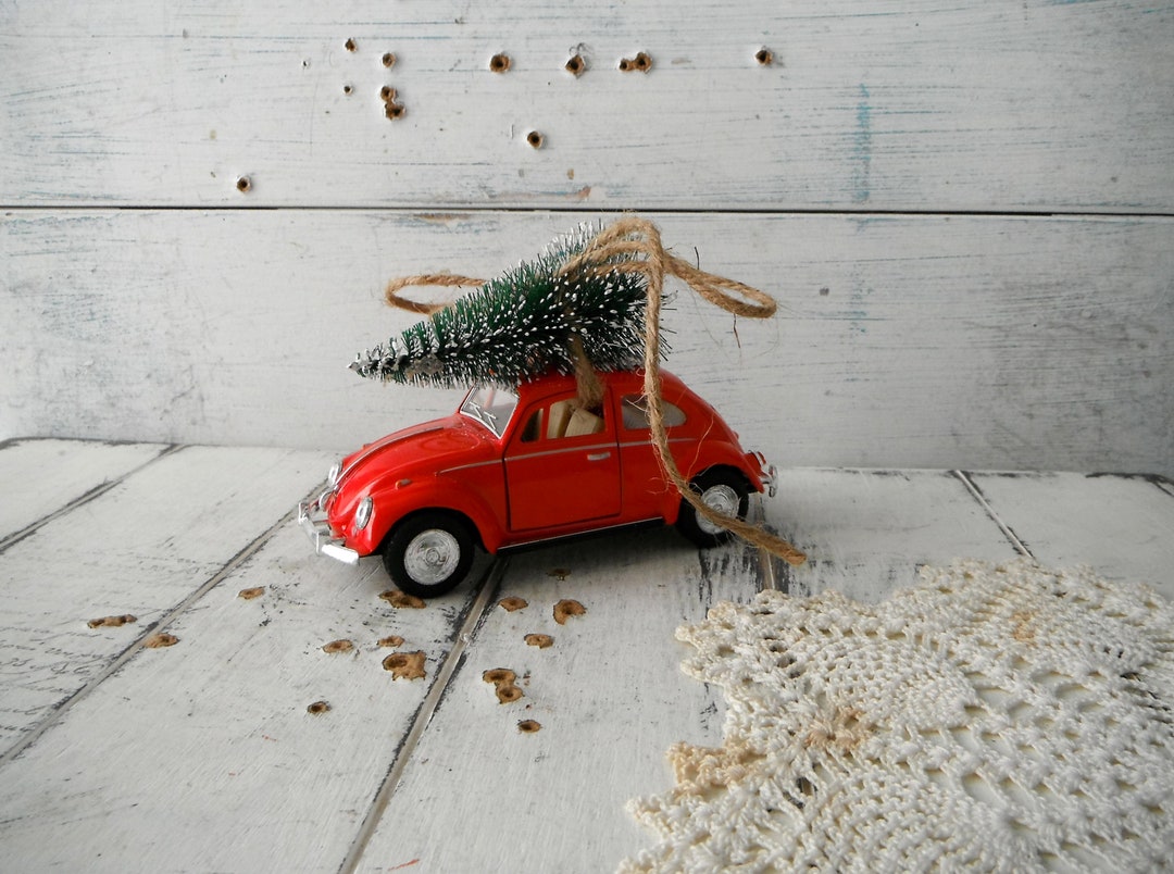 Red Car Bottle Brush Tree VW Beetle Car Christmas Decor Petite Car ...