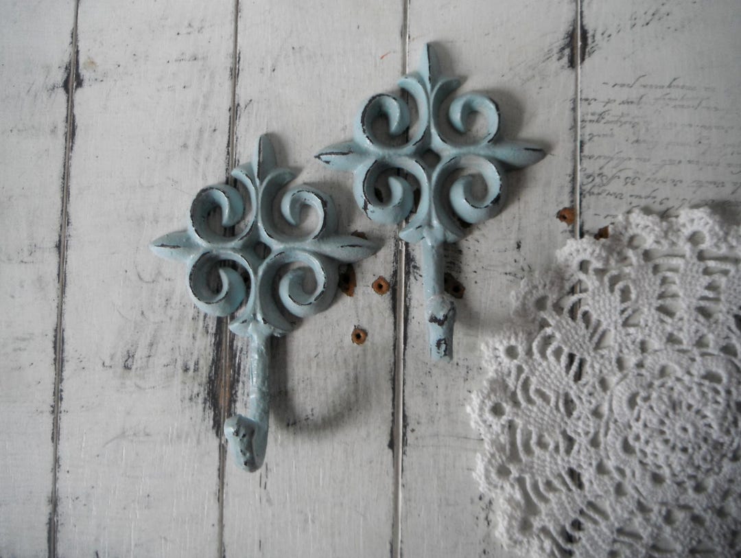 Light Blue Pair Hooks Ornate Cottage Chic Decor European Hook Hand ...