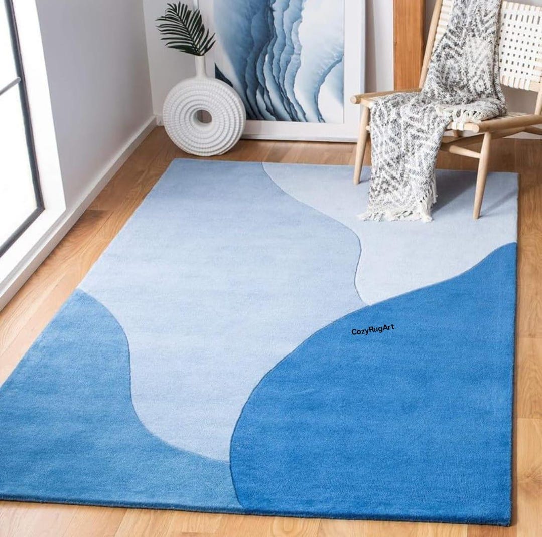 Modern Abstract Blue Wave Area Rug: Minimalist Gradient Floor Decor ...