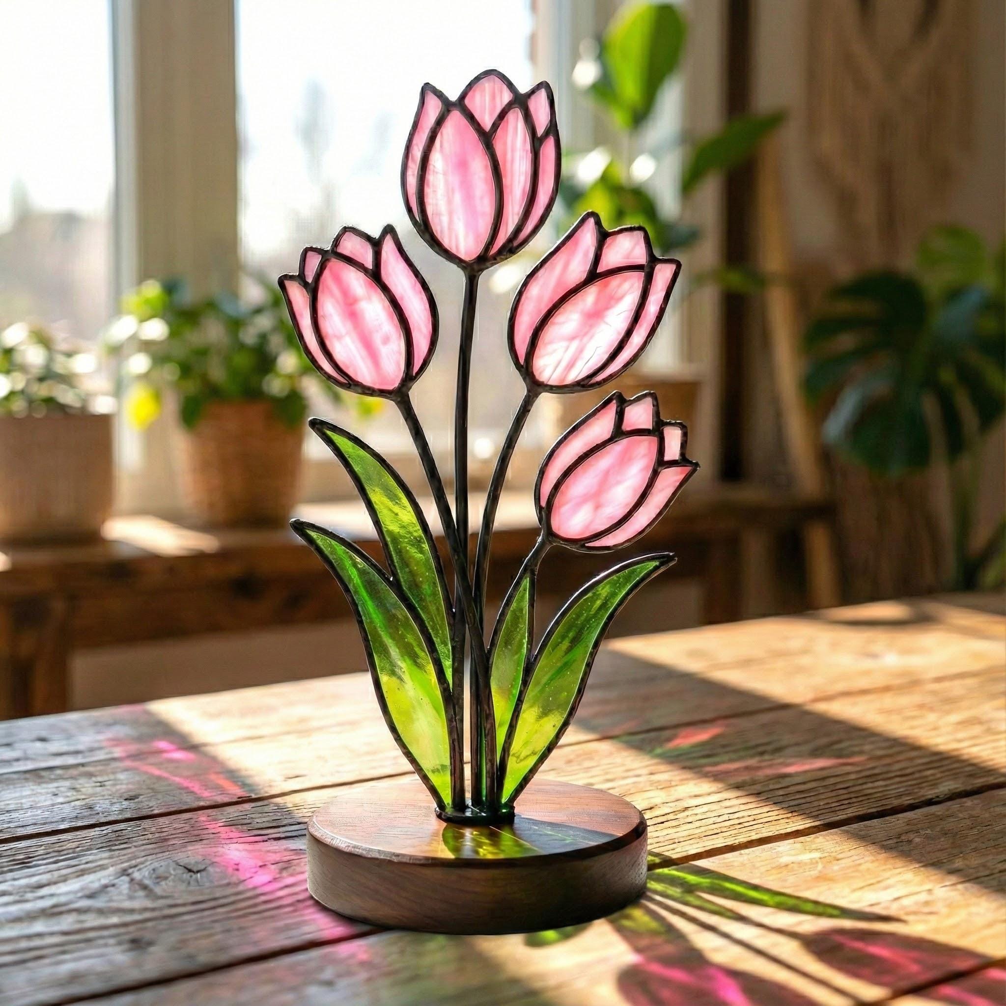 Stained Glass Tulip Flower Stand - Valentine Mothers Day Gift for Mom ...