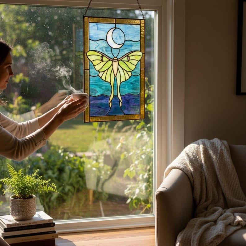 Luna Moth Stained Glass Suncatcher • Cottagecore Window Hanging • Boho ...