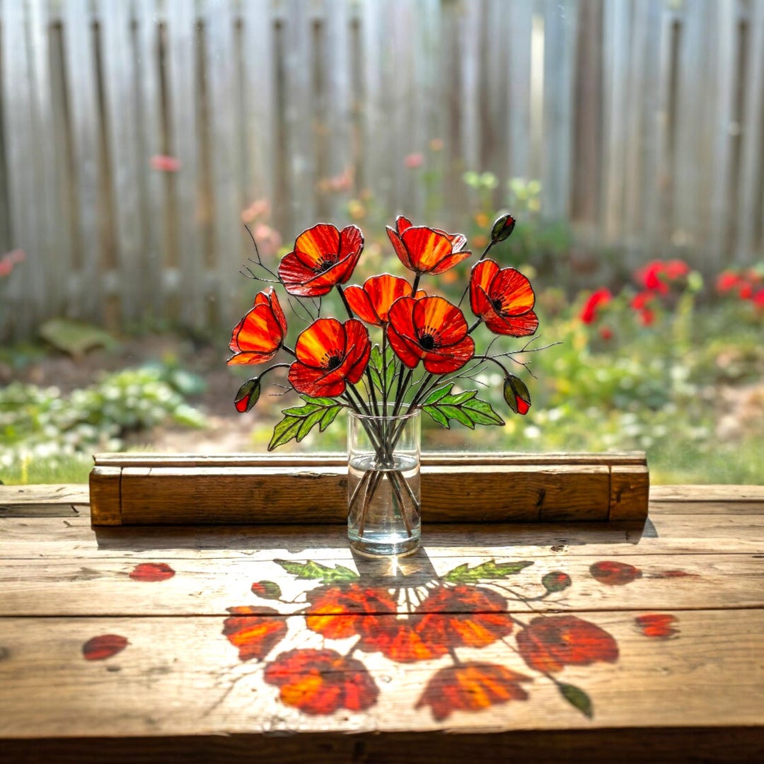 Stained Glass Red Poppy Bouquet - Romantic Valentine Gift for Wife ...