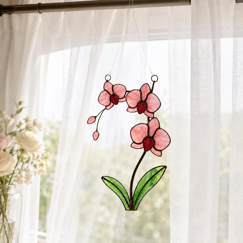Stained Glass Orchid Wall Hanging, Faux Flower Wall Decor, Pink Floral ...