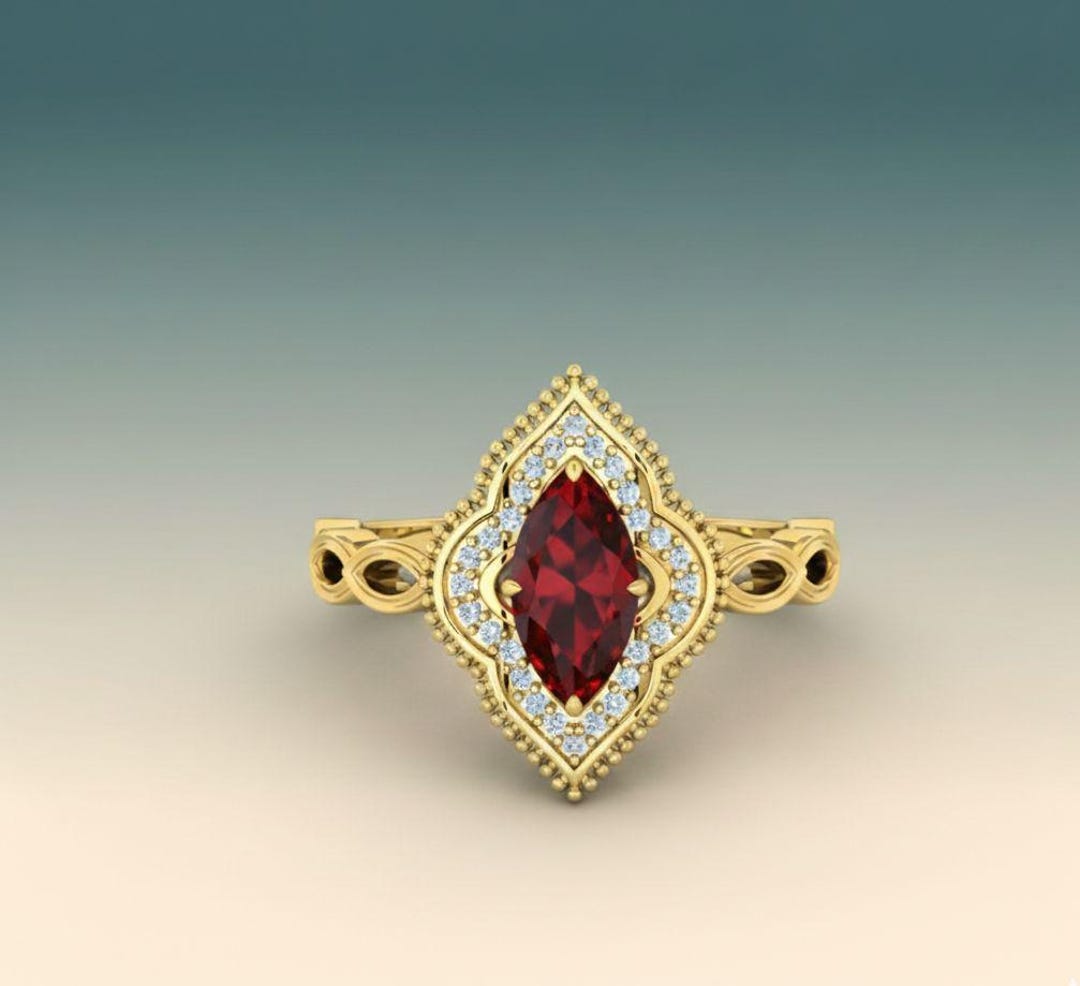 Vintage Style Marquise Cut Red Garnet Surrounded by Sparkling CZ ...