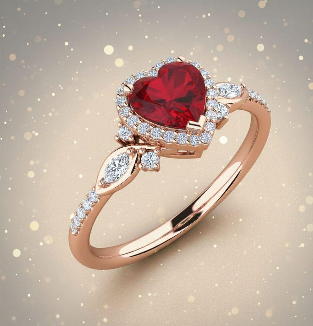 Dainty Vintage Ruby Heart Shape Ring Rose Gold Diamond Accents Unique ...