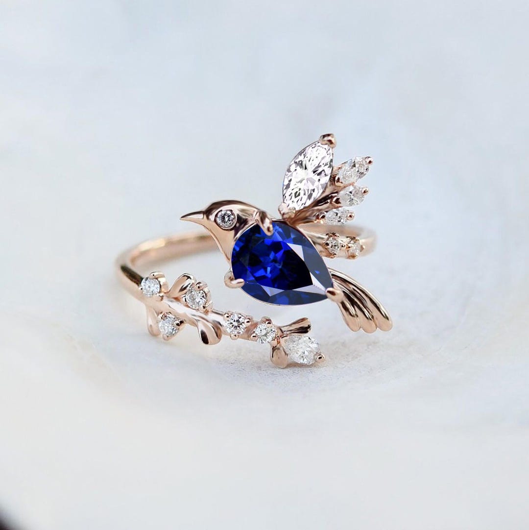 Hummingbird Blue Sapphire Engagement Ring, Sterling Silver Bird Lover ...