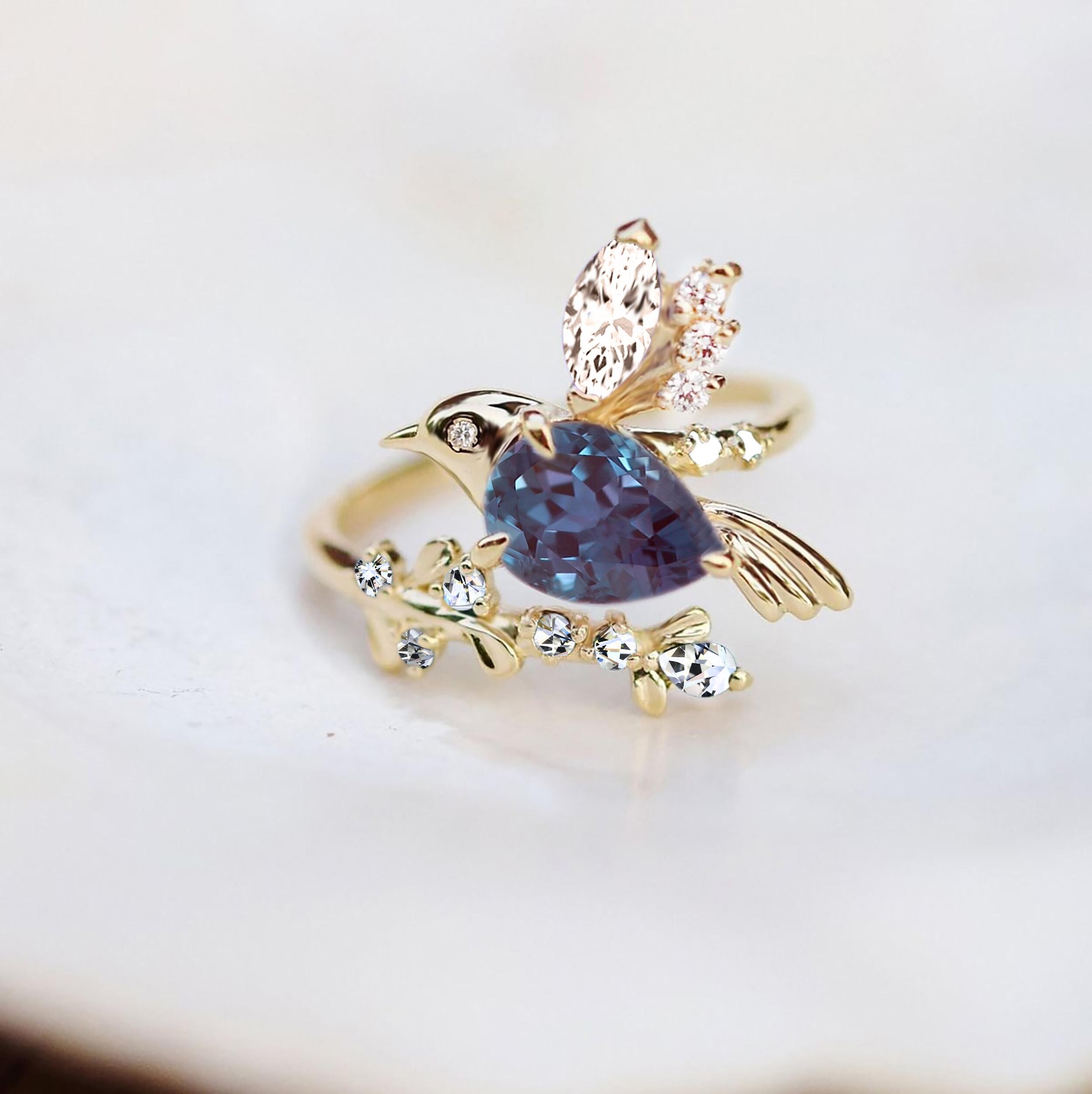 Hummingbird Alexandrite Ring, Silver Bird Lover Engagement Ring - Etsy