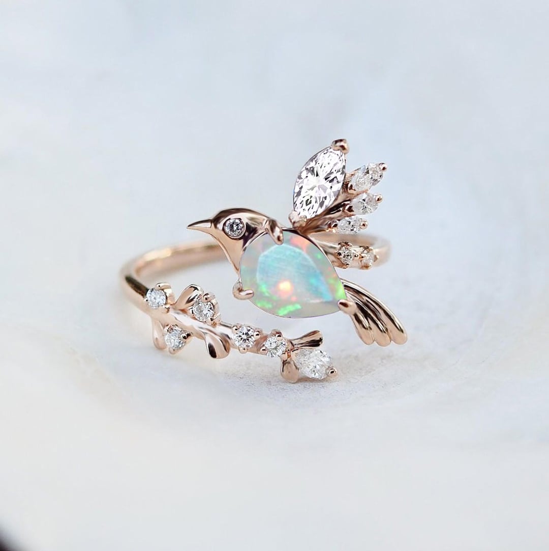 Hummingbird Opal Engagement Ring, Marquise Diamond Wings, Sterling ...