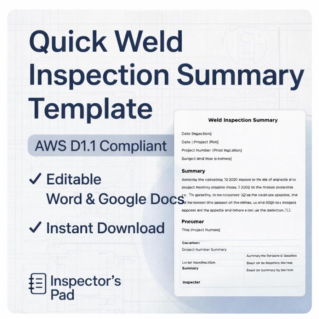 Quick Weld Inspection Summary Template – AWS D1.1 | Editable Inspection ...