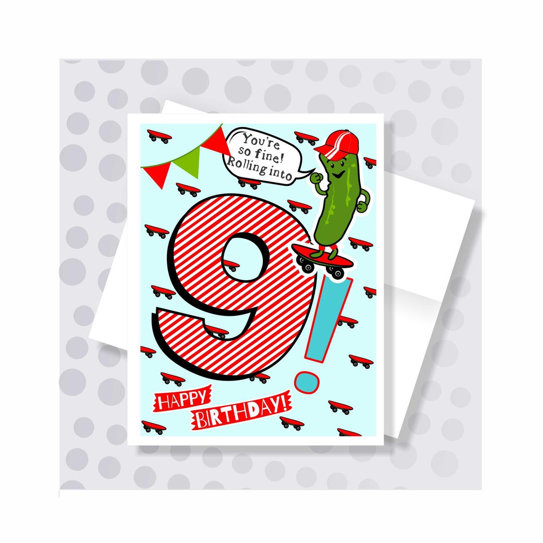 Skateboarding Pickle Happy Birthday Card, Lovable Boy's 9th Ninth ...