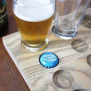 Handcrafted Beer Serving Board & Bottle Cap Holder With Metal Handle ...