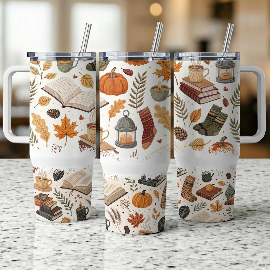 Cozy Autumn 40oz Tumbler Wrap, Fall Leaves Pumpkins Books Design, Warm ...