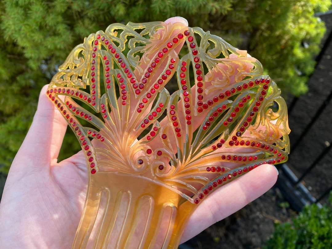 Apple Juice Celluloid Hair Comb With Red Rhinestones, Ca. 1920s - Etsy