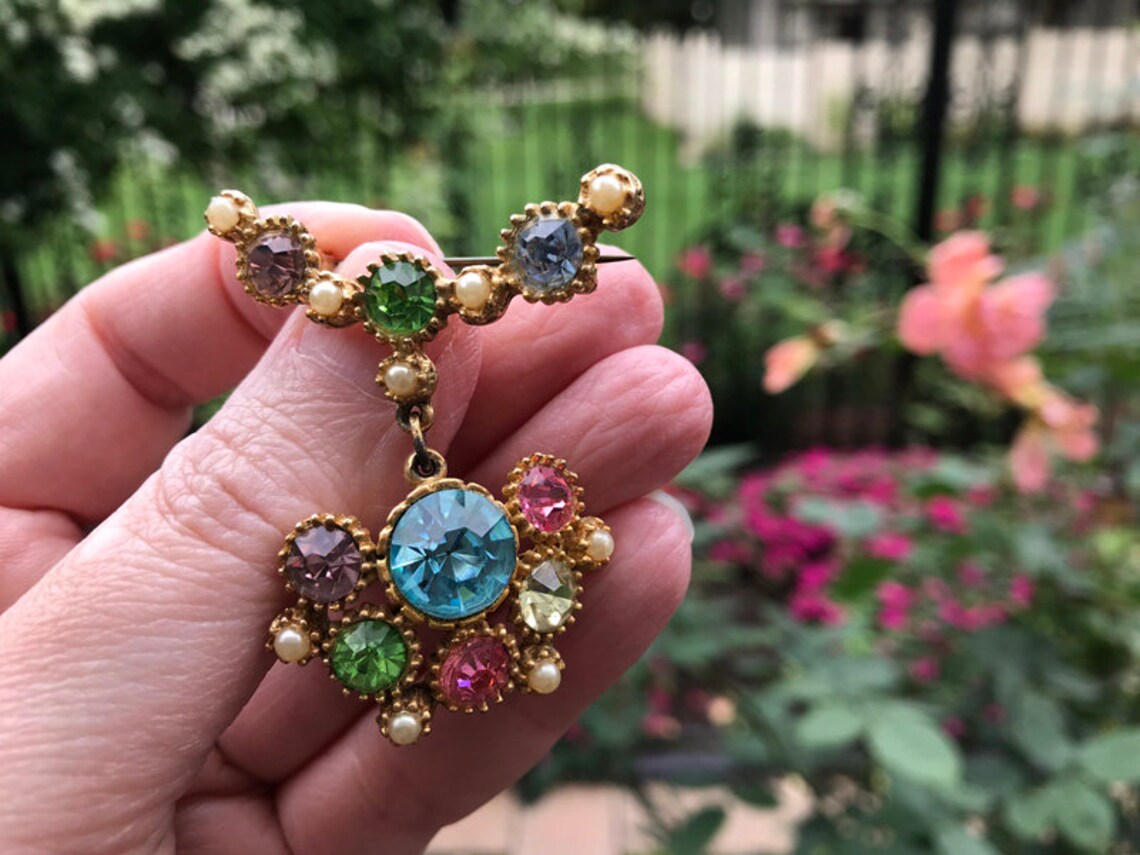 Pastel Rhinestone and Faux Pearl Brooch Ca. 1950s Vintage | Etsy