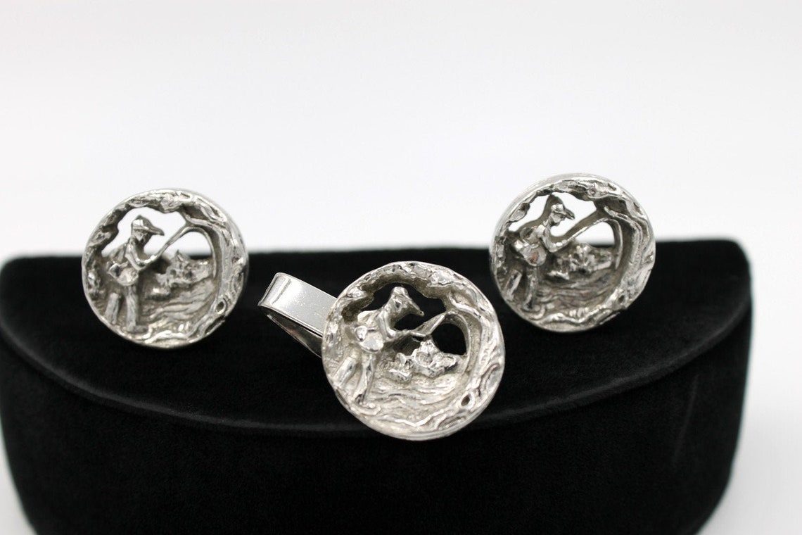 Fisherman Cuff Links and Tie Clasp Set, Fly Fishing, Men's Dress Set ...