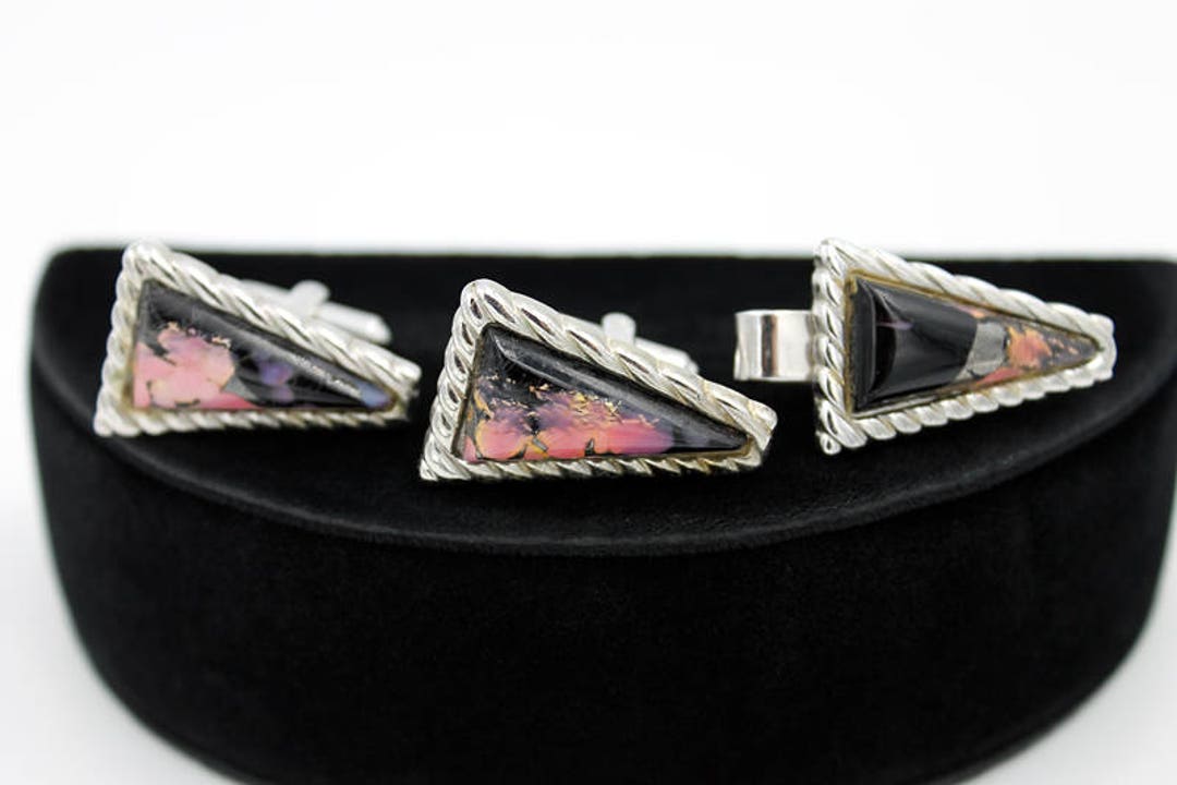 Modernist Cuff Link and Tie Clasp Set, Pink and Black, Signed Speidel ...