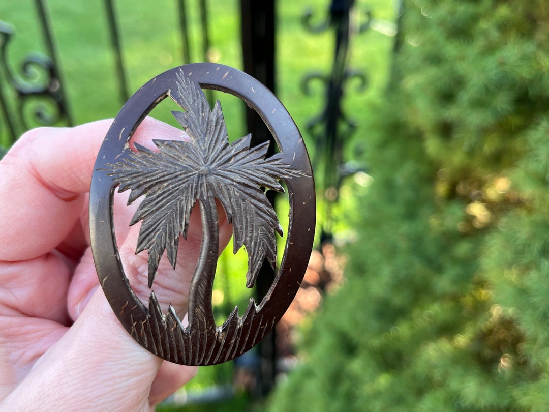 Carved Coconut Shell Brooch With Palm Tree, Made in Puerto Rico, Ca ...